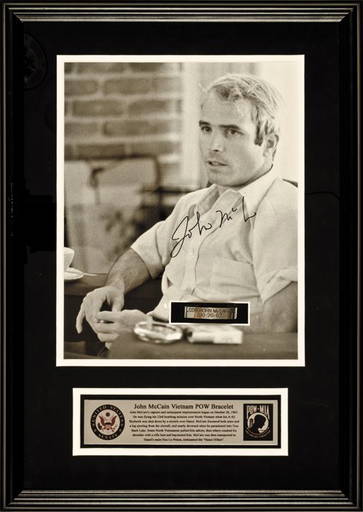 John Mccain Signed Photo & Pow Bracelet Display