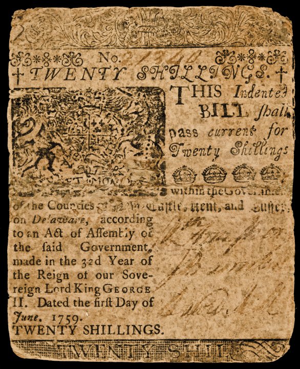Colonial Currency, BENJAMIN FRANKLIN Printed, DE