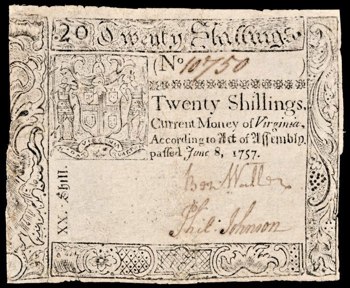 Colonial Currency, Va, June 8. 1757 20s Genuine!
