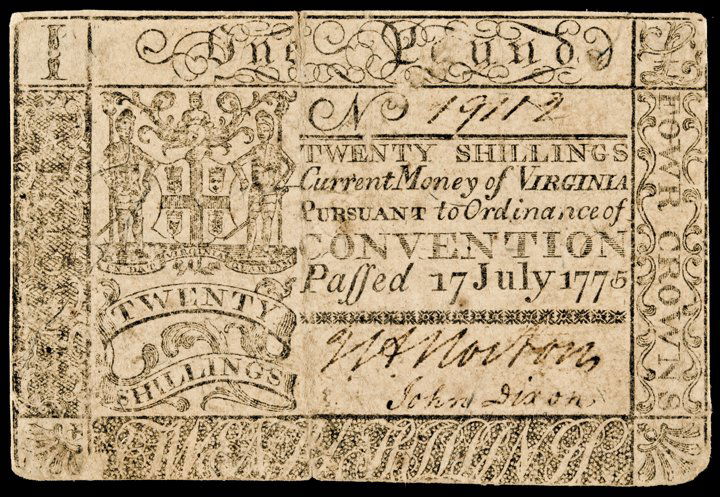 Colonial Currency, VA. July 17, 1775. 20s. FOWR