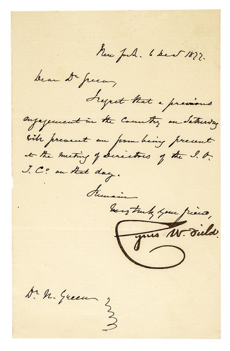 Letter Cyrus W. Field, Atlantic Telegraph Founder