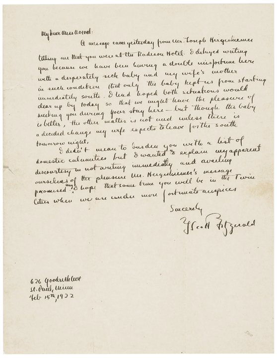 1922 Rare F. SCOTT FITZGERALD Autograph Letter