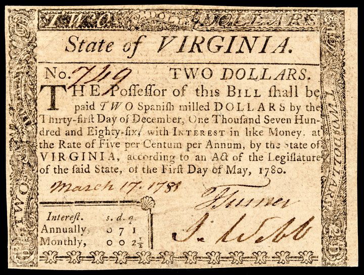 Colonial Currency, VA. May 1, 1780. $2 Choice EF