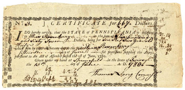 1780 Pa. Revolutionary War Army Debt Certificate