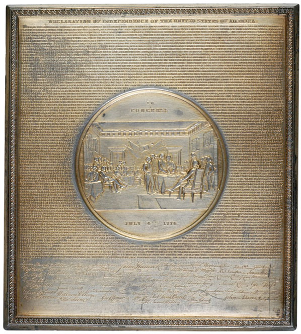 1266: 1859 Metal Declaration of Independence Plaque