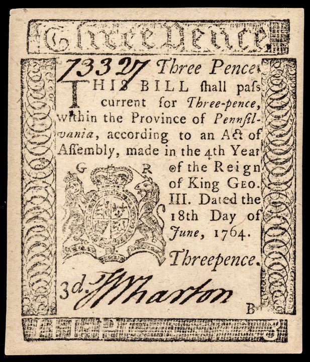 Ben Franklin Colonial Currency Pa. 1764 3d Note
