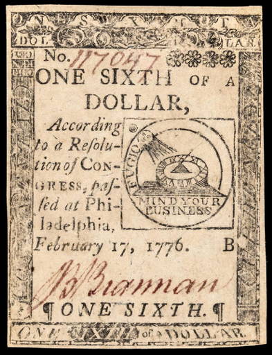 1776 Continental Currency Fugio Note Ch. Abt New