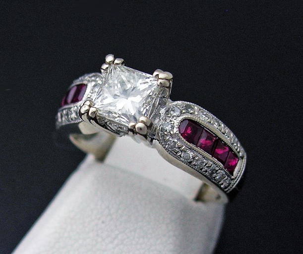 Princess Cut Diamond / Ruby Ring In 14k White Gold