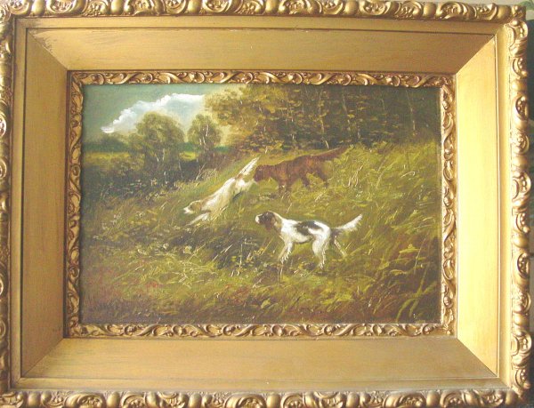 9: oil painting on board - J Willett - hunting dogs
