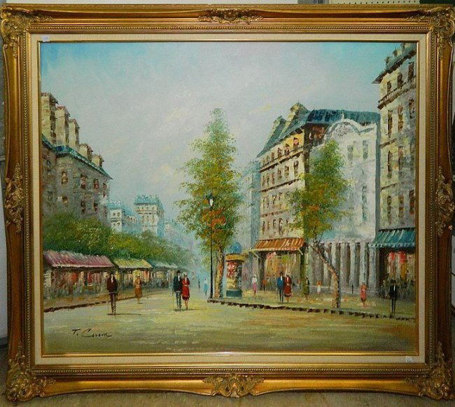 City Scene Oil on Canvas Painting T. Carson 44" x 56"