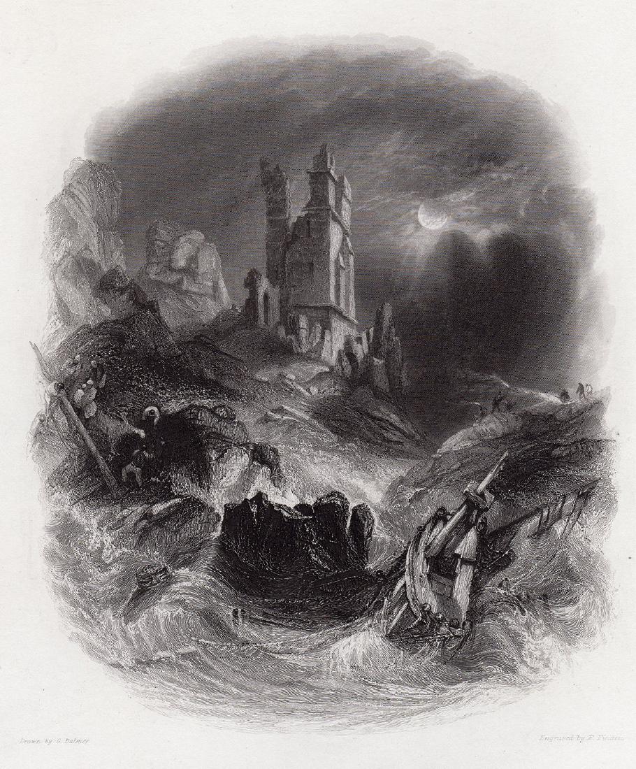 George Balmer Dunstanburgh Castle engraving signed