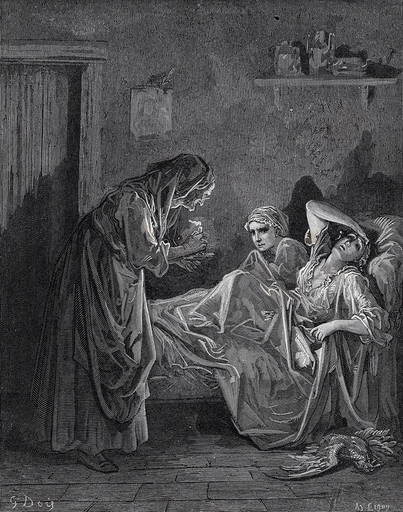 1800s Dore Fables Woodcut "old Women & Her Servants" Framed Signed