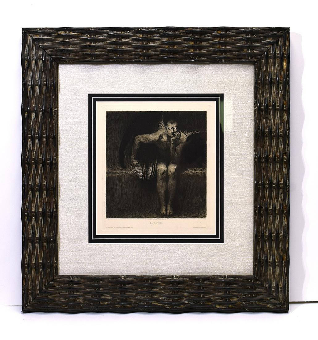 1800s Franz Von Stuck Original Etching Lucifer Framed Signed