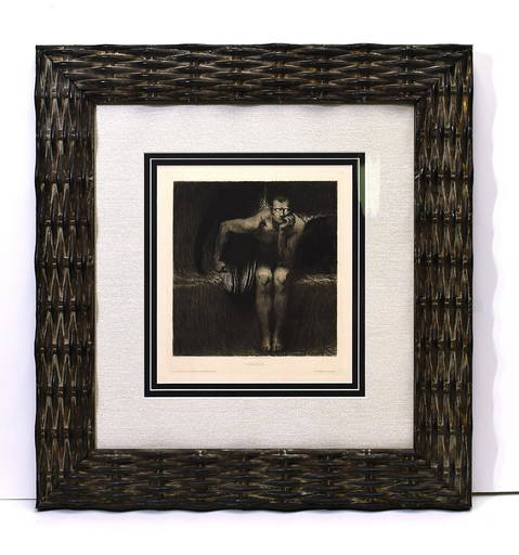 1800s Franz Von Stuck Original Etching Lucifer Framed Signed