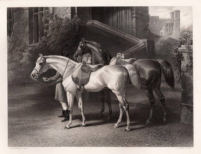 Framed 1800s John Frederick Herring Engraving Windsor Castle Horses Signed