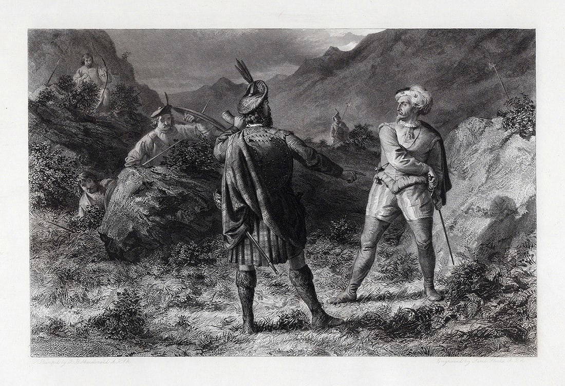 Macdonald 1800s Engraving Fitz-james & Roderick Dhu Framed Signed Auction