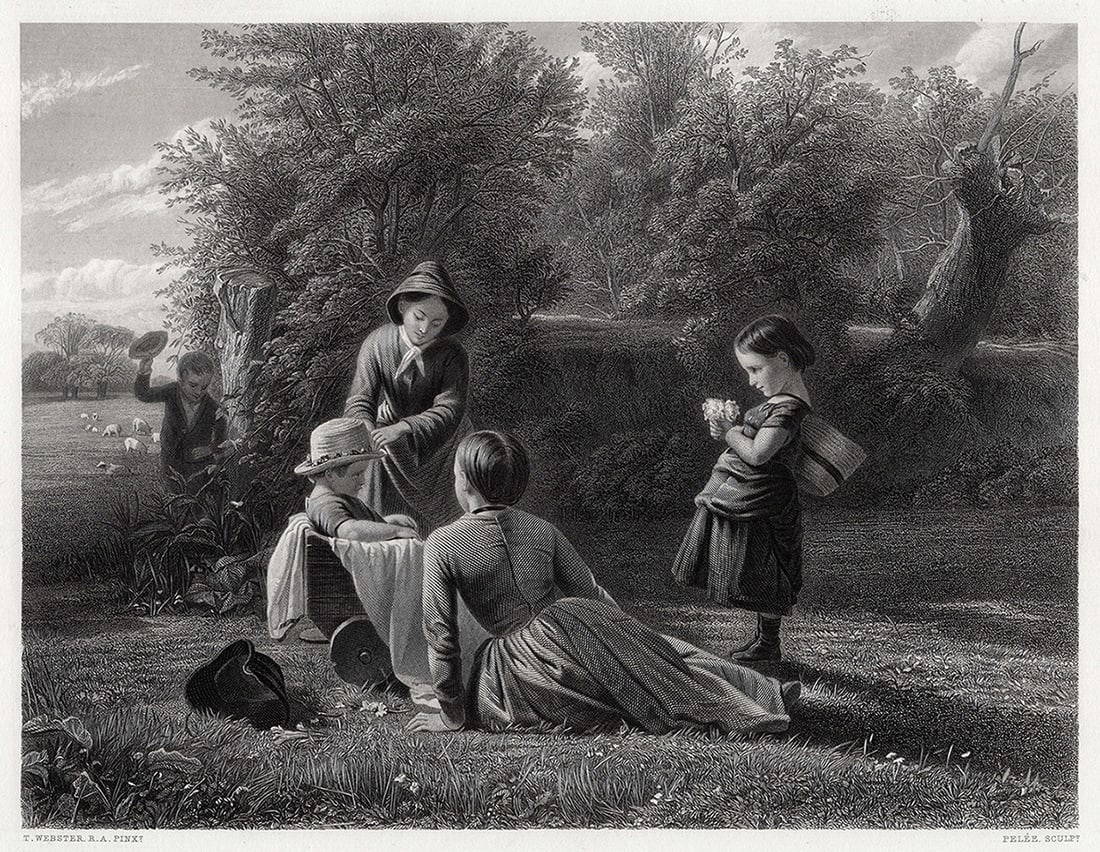 Signed 1800s Thomas Webster Engraving Spring Playmates Framed Auction