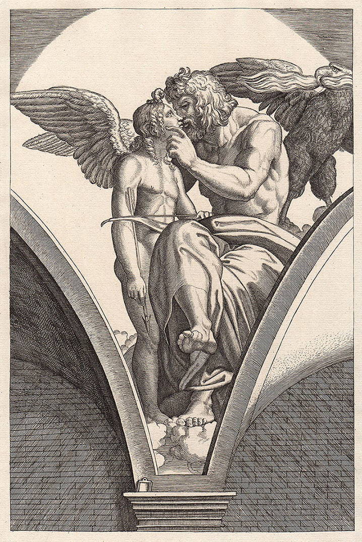 1876 Raphael Engraving Jupiter Embracing Cupid Durand Goring Unique Auction
