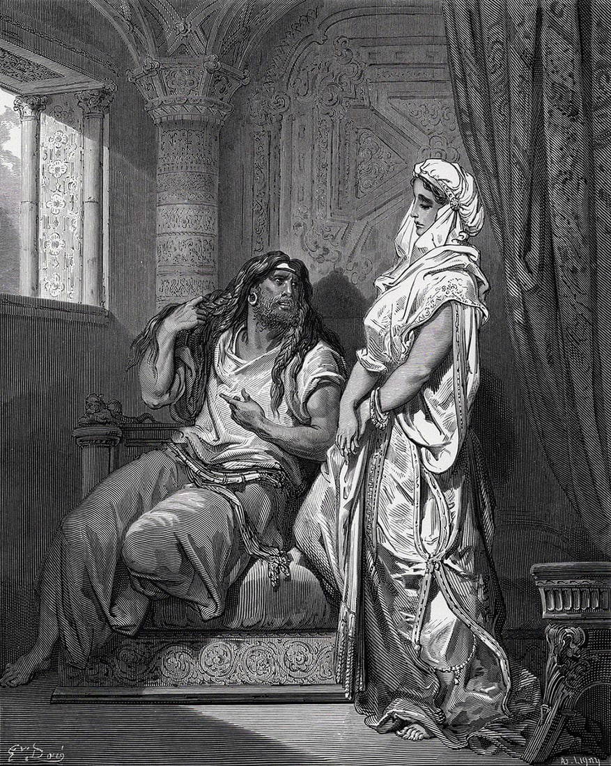 1800s Gustave Dore Signed Biblical Woodcut Samson & Delilah Framed Auction