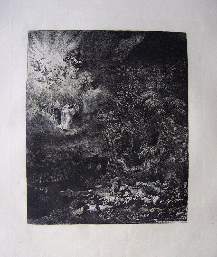 Rembrandt Angel Appearing to Shepherds etching