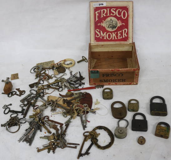 Old Cigar Box Full Of Misc. Keys & Locks, House,