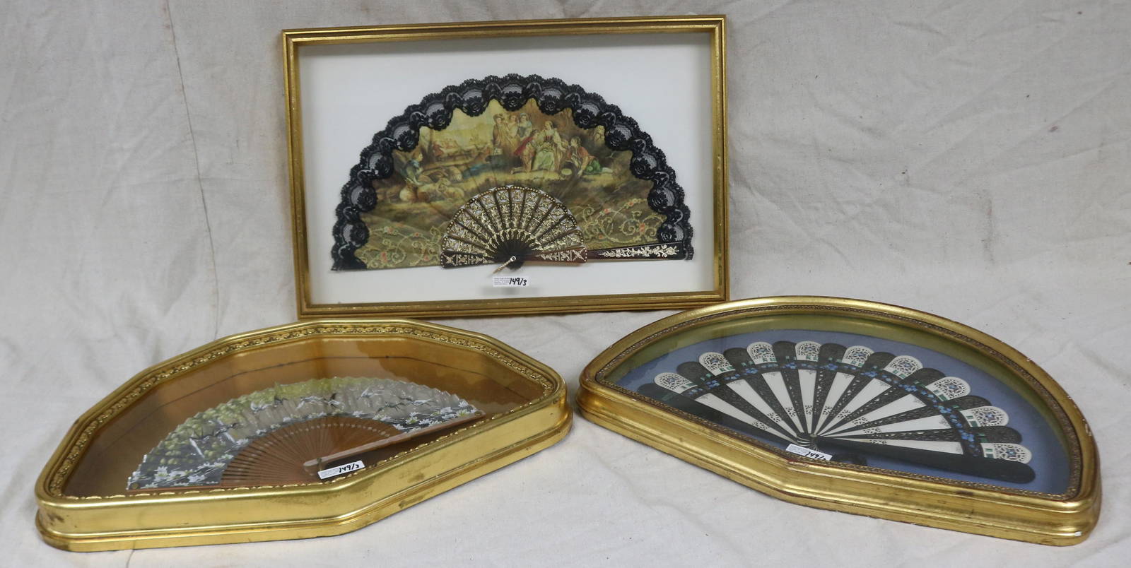 3 Framed Fans, 19th & 20th C. Ornate Gilt Frames, Auction