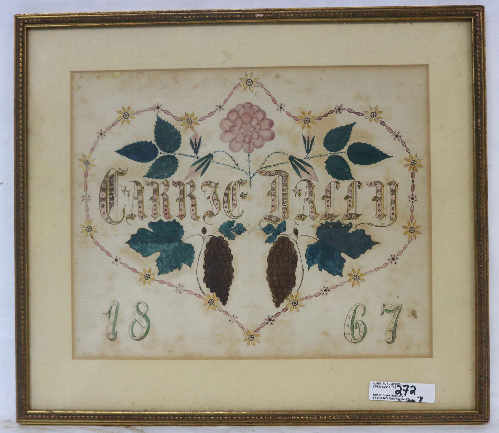 19th C. Polychrome Calligraphy Drawing, Carrie Auction