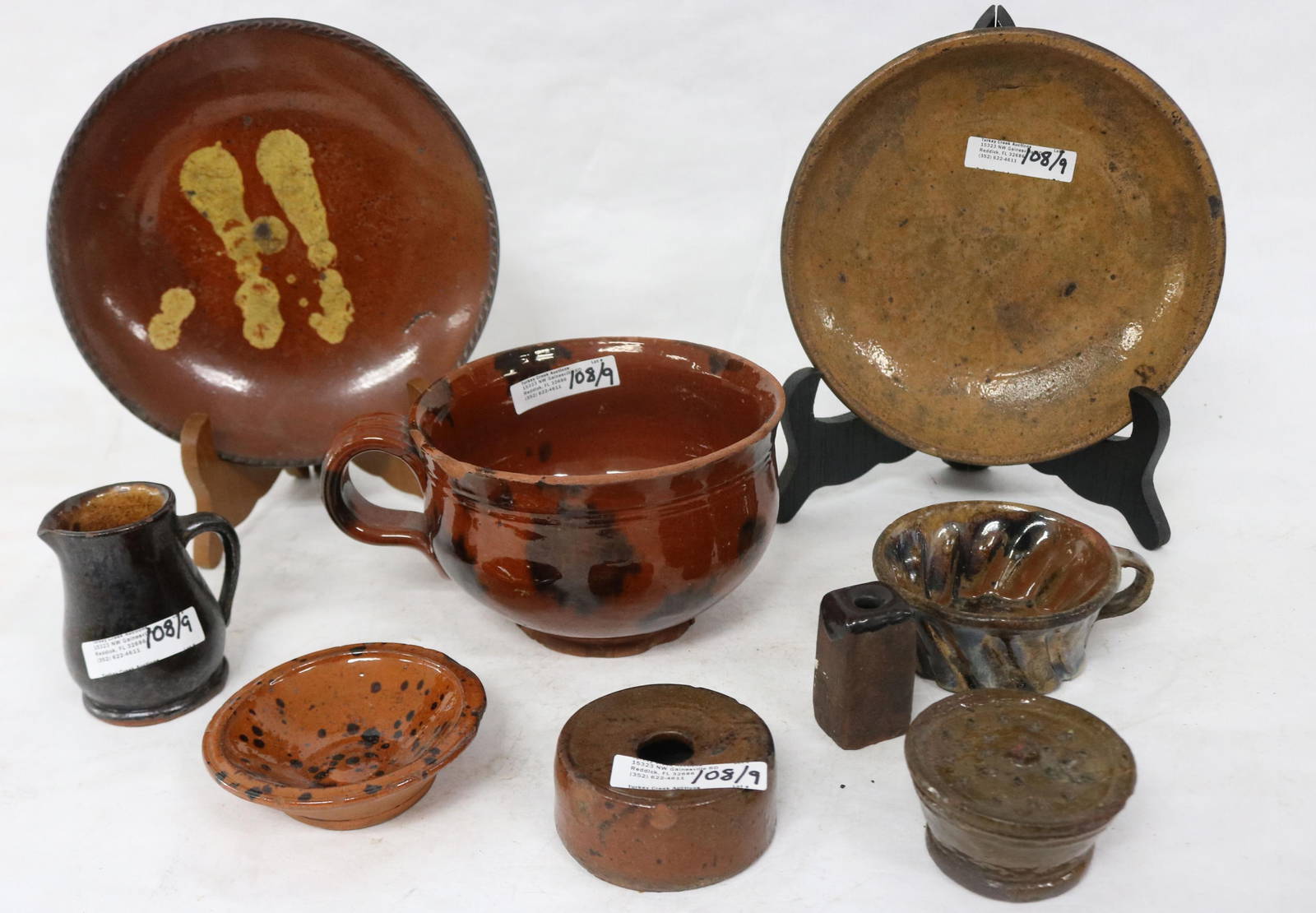 Lot Of Nine 19th C. Redware Items, Slip Glazed Auction
