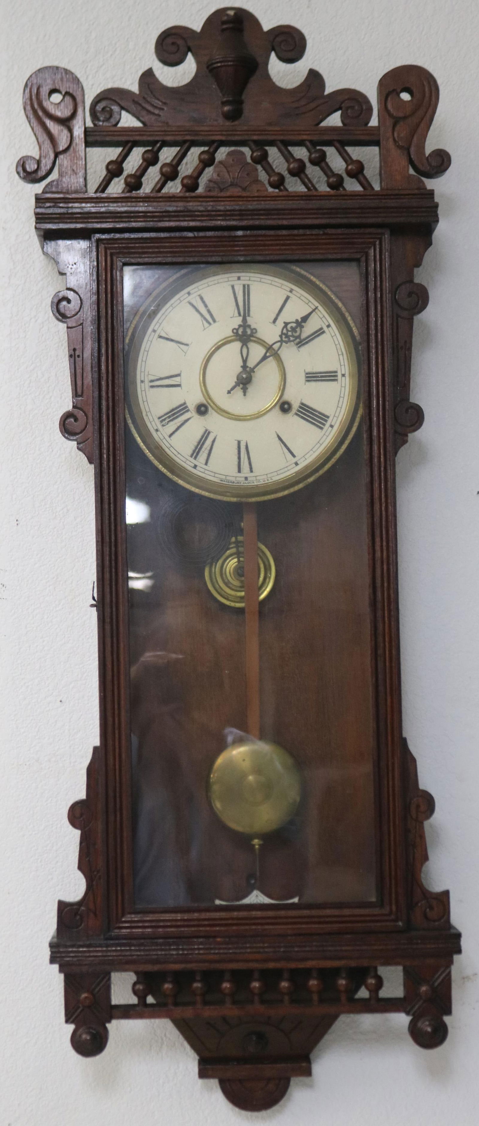 Waterbury Wall Clock, Oak, Original Finish, Stick Auction