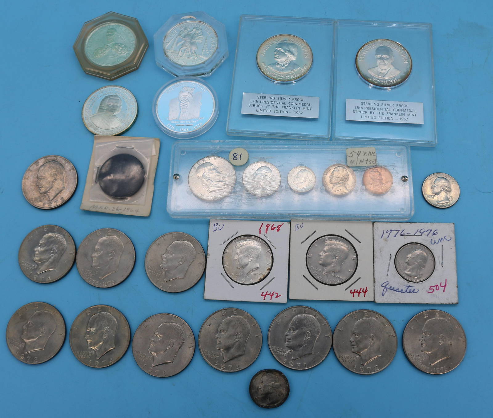 28 Misc. Coins Etc., 1954 Mint Set, 1964 Kennedy Auction
