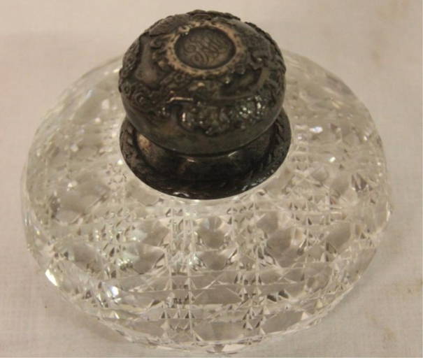 Unusual Cut Glass Paperweight With Ornate Sterling