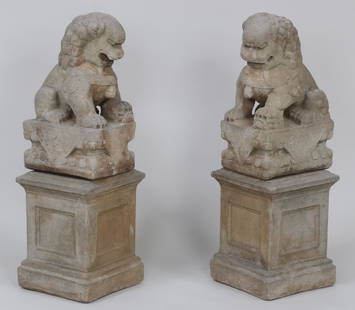 Pair Cast Stone Foo Dog Statues