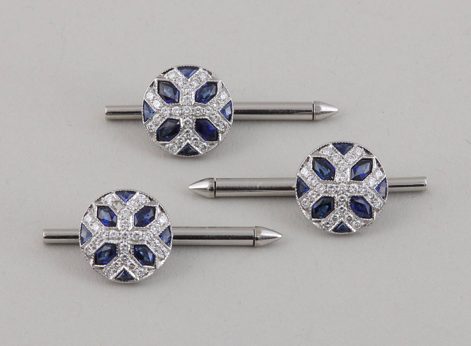 Set Of (3) Sapphire, Diamond And Platinum Button Studs Auction