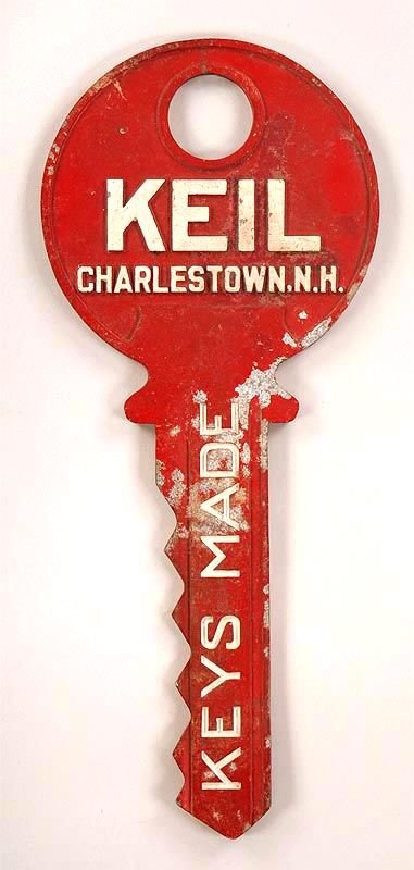 Large red key sign, ''KEIL CHARLESTOWN, N.H., KEYS