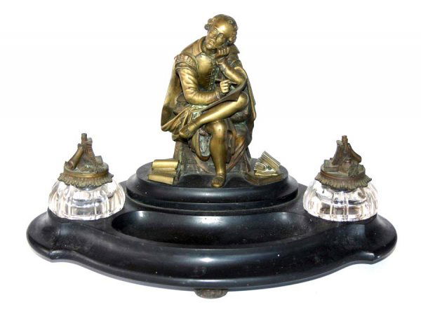 1: Victorian Bronze & Marble Inkwell Set Shakespeare