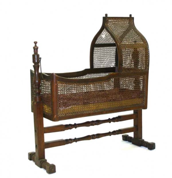 Victorian Walnut Gothic Wicker Cradle In Original