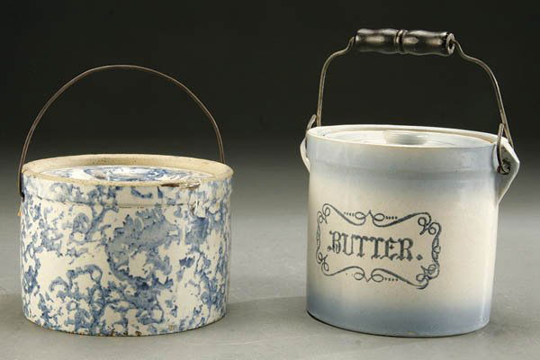Two Very Fine Stoneware Butter Buckets. One Spon