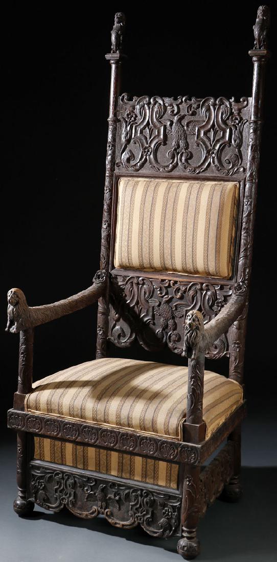 A LARGE AND IMPRESSIVE CARVED OAK THRONE CHAIR