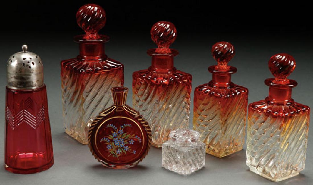 A SEVEN PIECE GROUP OF VICTORIAN ART GLASS