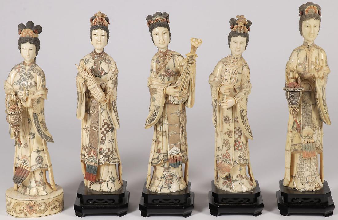 FIVE CHINESE CARVED BONE FIGURES