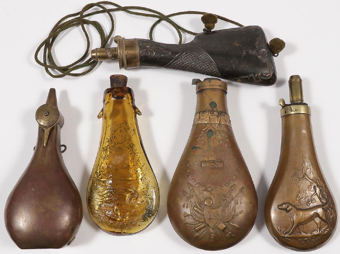 FIVE VINTAGE POWDER FLASKS