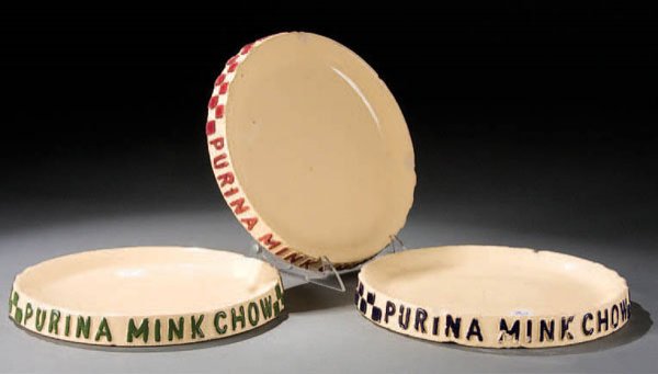 378: THREE WATT POTTERY PURINA MINK CHOW PLATES early