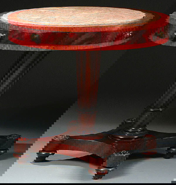 585: ROUND TABLE:A WEIMAN HEIRLOOM MAHOGANY MARBLE TOP