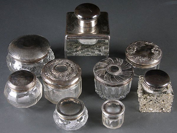 9 Pc Victorian Silver Lidded Cut Glass Containers
