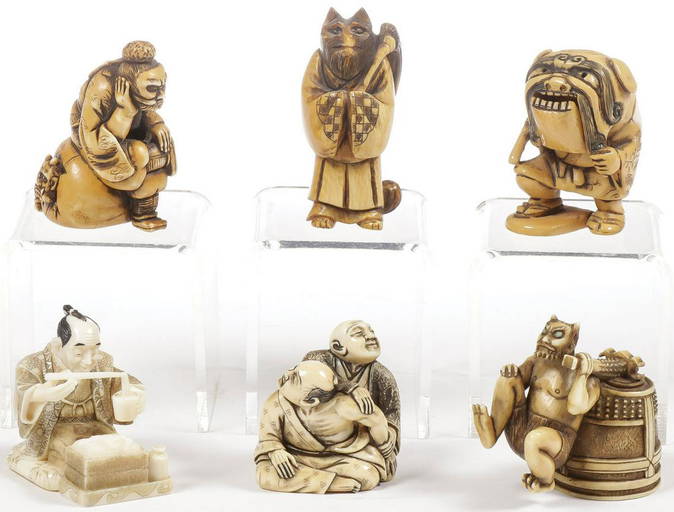 Six Japanese Carved Bone Netsukes