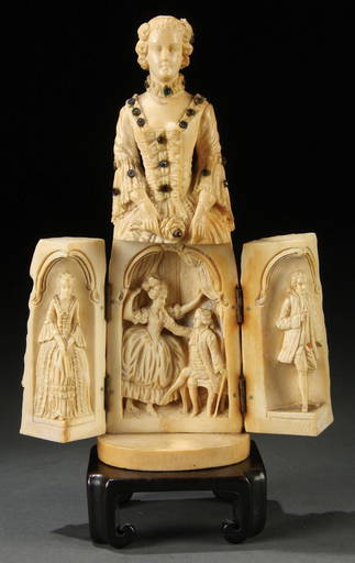 A Victorian Carved Ivory Jewel Mounted Triptych