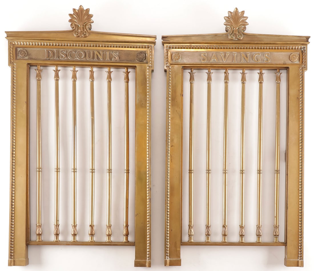 Pair Vintage Brass Bank Teller Windows Auction