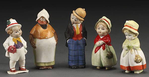 German Bisque Figural Nodders, 5 Pieces