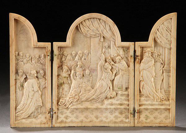 A Continental Carved Ivory Triptych, 18th C.