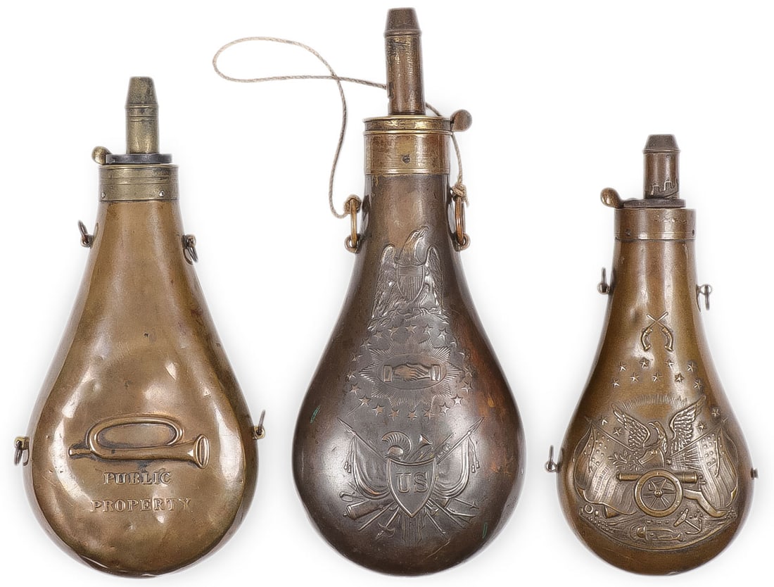 Three Good U.s. Copper Powder Flasks, 19th C Auction